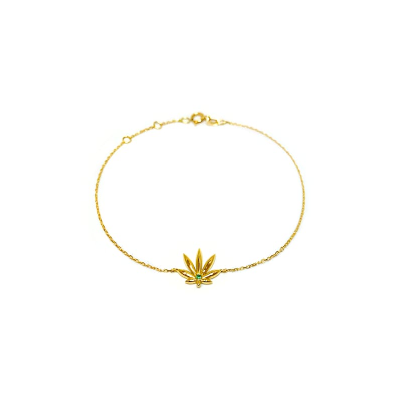Cannabis Leaf Gold Bracelet - Emerald Stone 18k Gold Bracelet ...