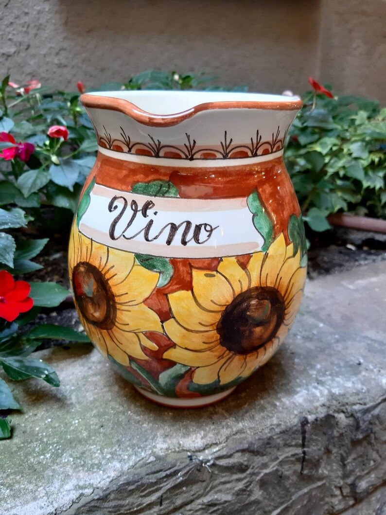 Tuscan Wine Pitcher Handmade, Hand Painted 'vino' With Yellow Sunflower ...