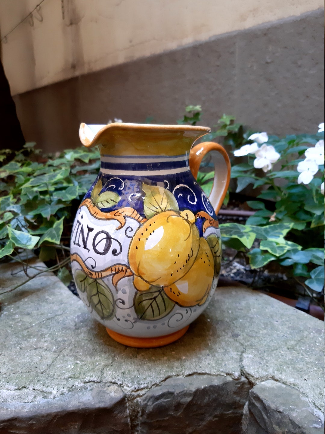 Tuscan Wine Pitcher Handmade, Hand Painted 'vino' With Yellow Lemons ...
