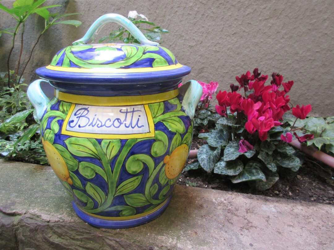 Tuscan Ceramic Cookie Jar Handmade, Hand Painted in Lemons and Blue ...