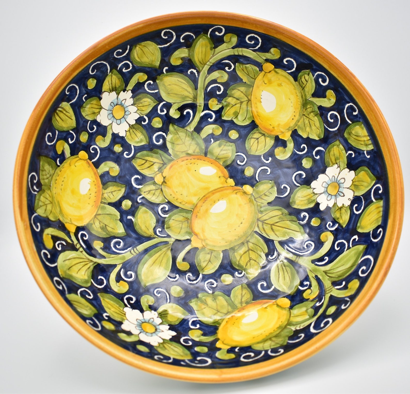Tuscan Ceramic Pasta Bowl Handmade, Hand Painted With Lemons on Blue ...
