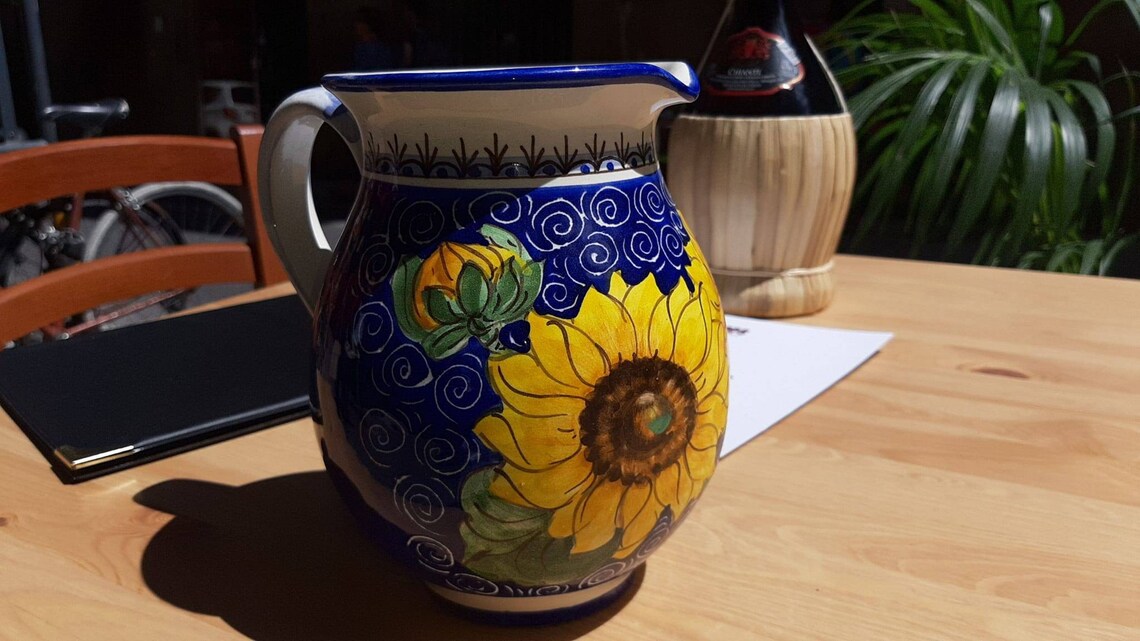 Tuscan Wine Pitcher Handmade, Hand Painted 'vino' With Yellow Sunflower ...