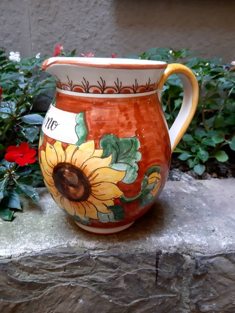 Tuscan Wine Pitcher Handmade, Hand Painted 'vino' With Yellow Sunflower ...