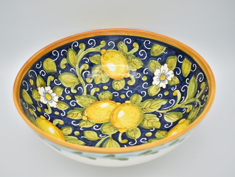 Tuscan Ceramic Pasta Bowl Handmade, Hand Painted With Lemons on Blue ...