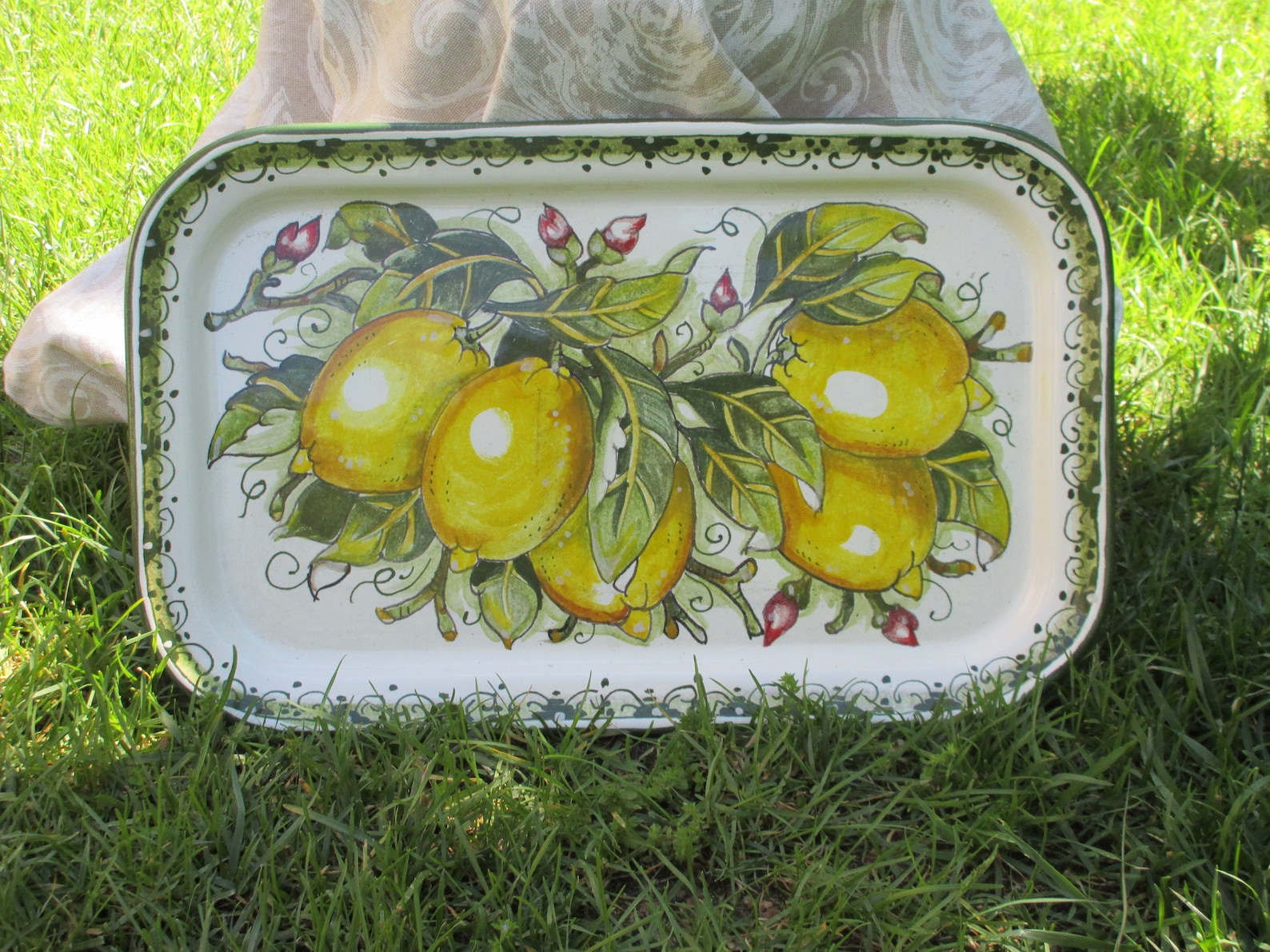 Tuscan Platter Handmade, Hand Painted With Lemons in Yellow ,green Old ...