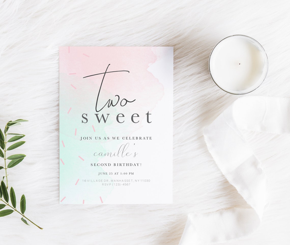 Two Sweet Birthday Party Invitation Editable Template | Second Birthday ...