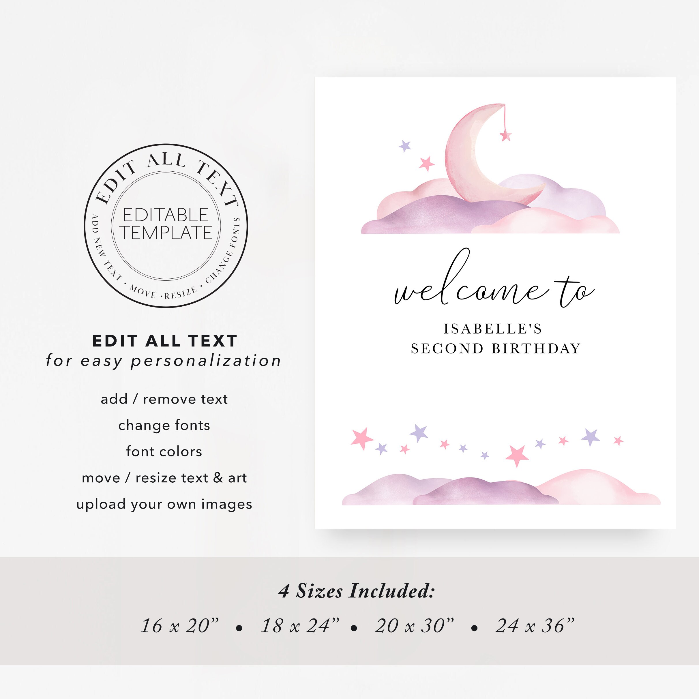 Two the Moon Sign Editable Template Welcome Sign, Baby Shower Sign ...