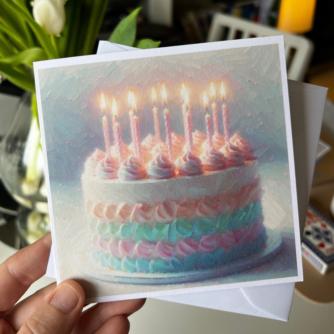 Pastel Birthday Card Big Birthday Cake With Candles Oil on Canvas Print ...
