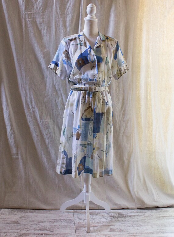 Vintage 1980s Blue and Tan Abstract Floral Print Belted Midi - Etsy