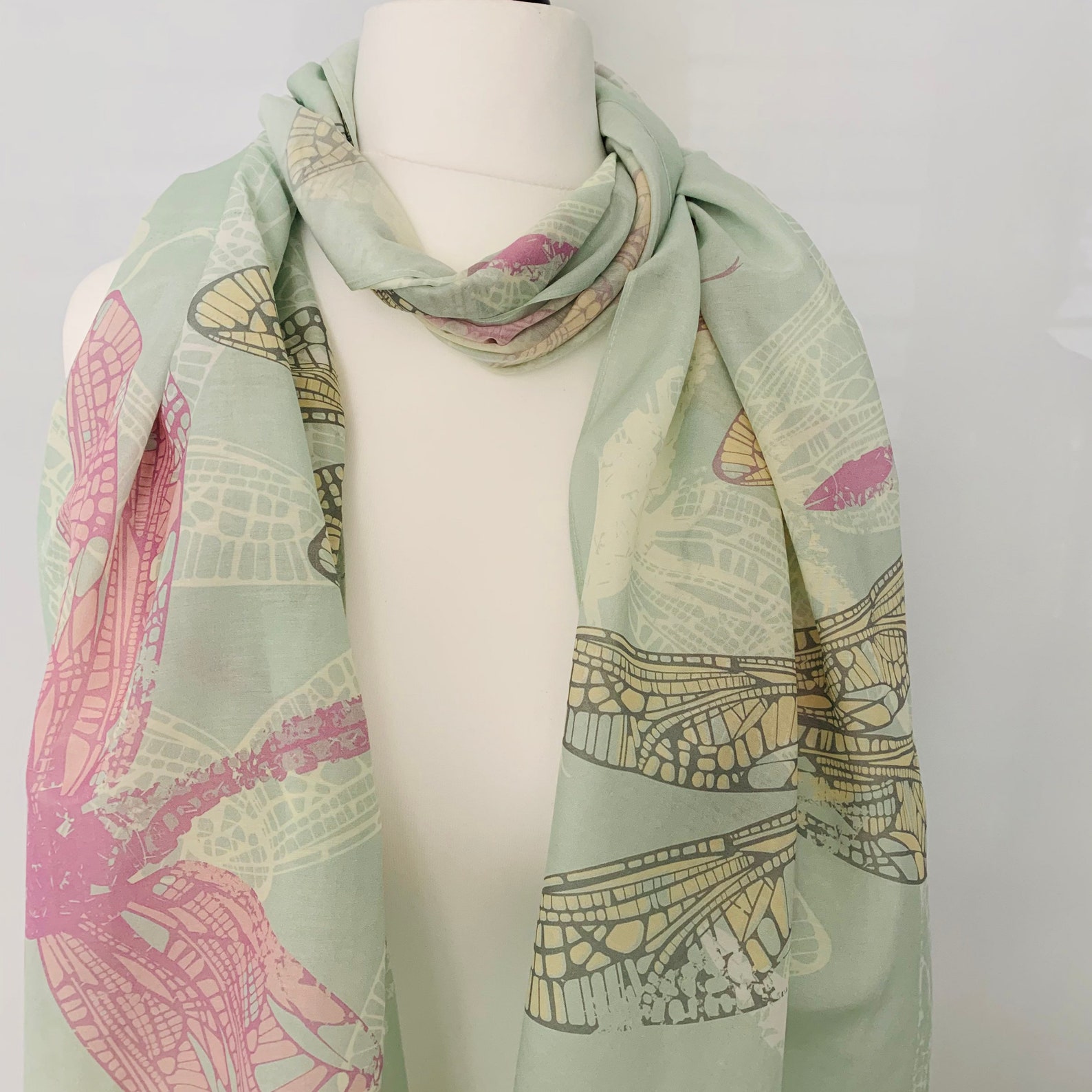 Dragonfly Print Scarf: Silk Cotton Blend, Mint Green - Etsy UK
