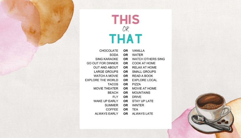 This or That Ice Breaker Game - Bible Study Groups - Bridal Shower Game ...