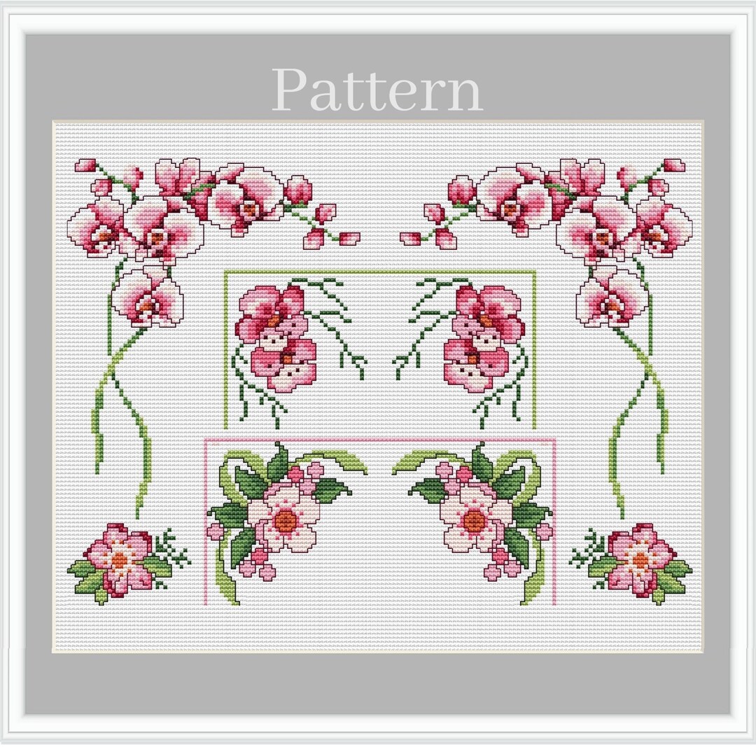 Magnolia Cross Stitch Border Pattern, Pink Floral Cross Stitch Frames ...