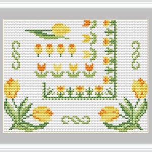 Tulip Cross Stitch Borders, Floral Borders Cross Stitch Pattern, Cross ...