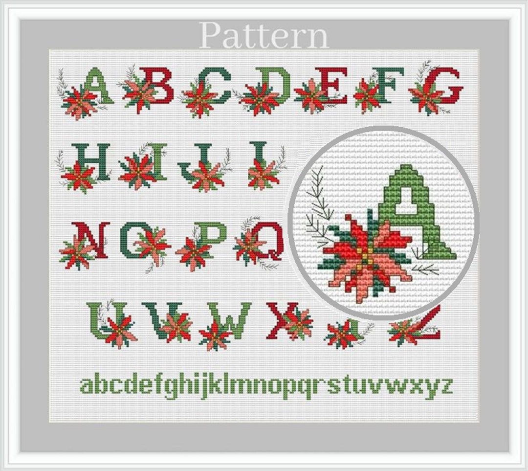 Christmas Alphabet Cross Stitch Pattern, Poinsettia Cross Stitch ...