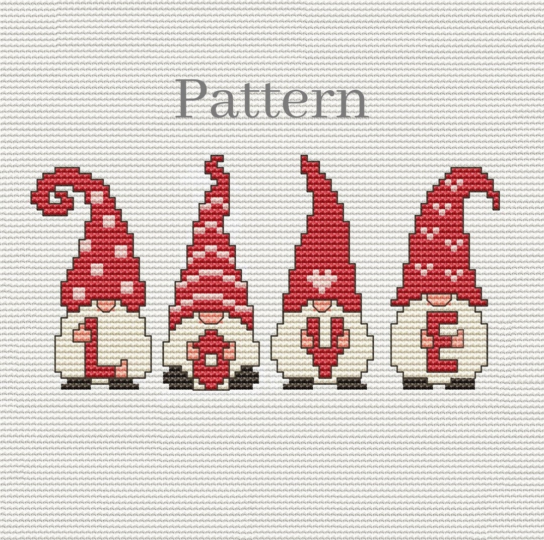 Small Gnomes Cross Stitch Pattern, Gnome With Love Sign Hand Embroidery ...