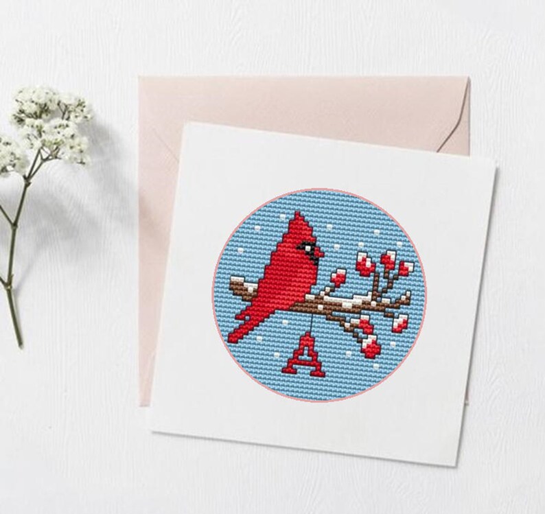 Red Cardinal Cross Stitch Pattern With Alphabet Chart for Initial ...