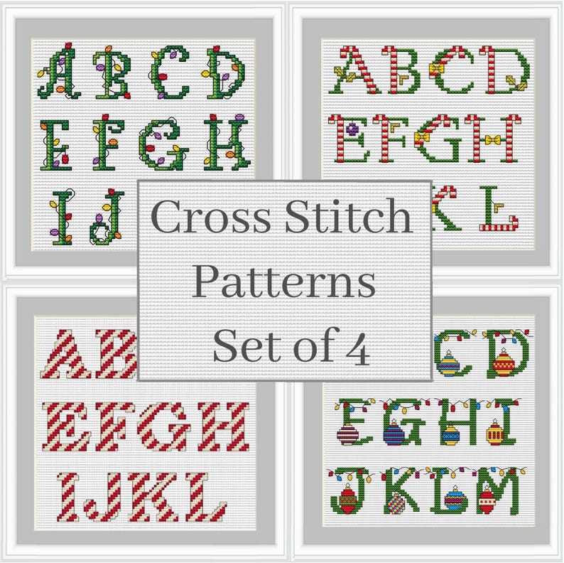 Christmas Alphabet Cross Stitch Pattern Set of 4, Cross Stitch Letters ...