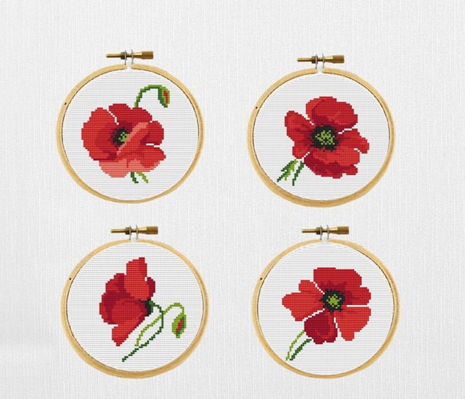 Poppy Cross Stitch Pattern With Small Red Flowers Set of 4 - Etsy