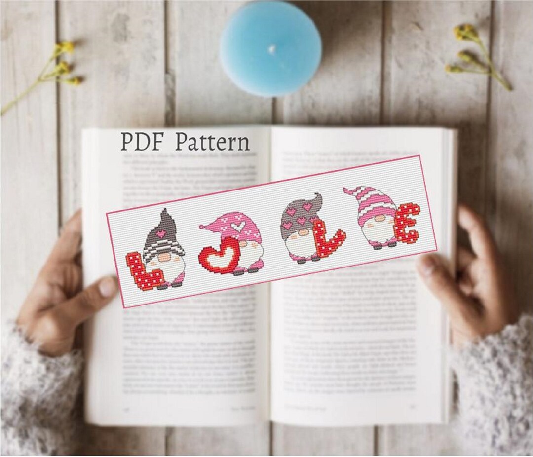 Gnome Cross Stitch Bookmark Pattern, Valentine Gnomes Book Tracker ...