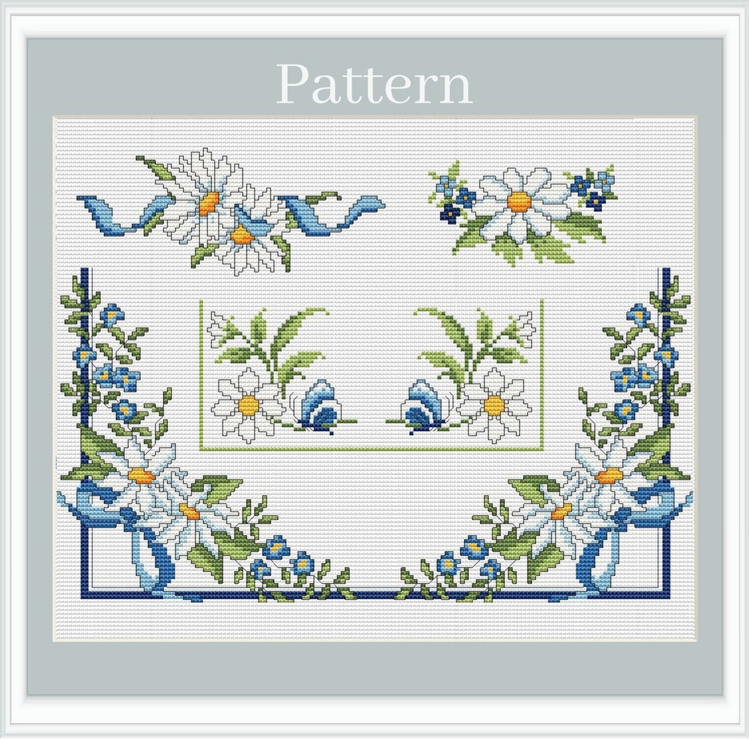 Daisy Cross Stitch Border Pattern, Floral Frames, White Daisy Corners ...
