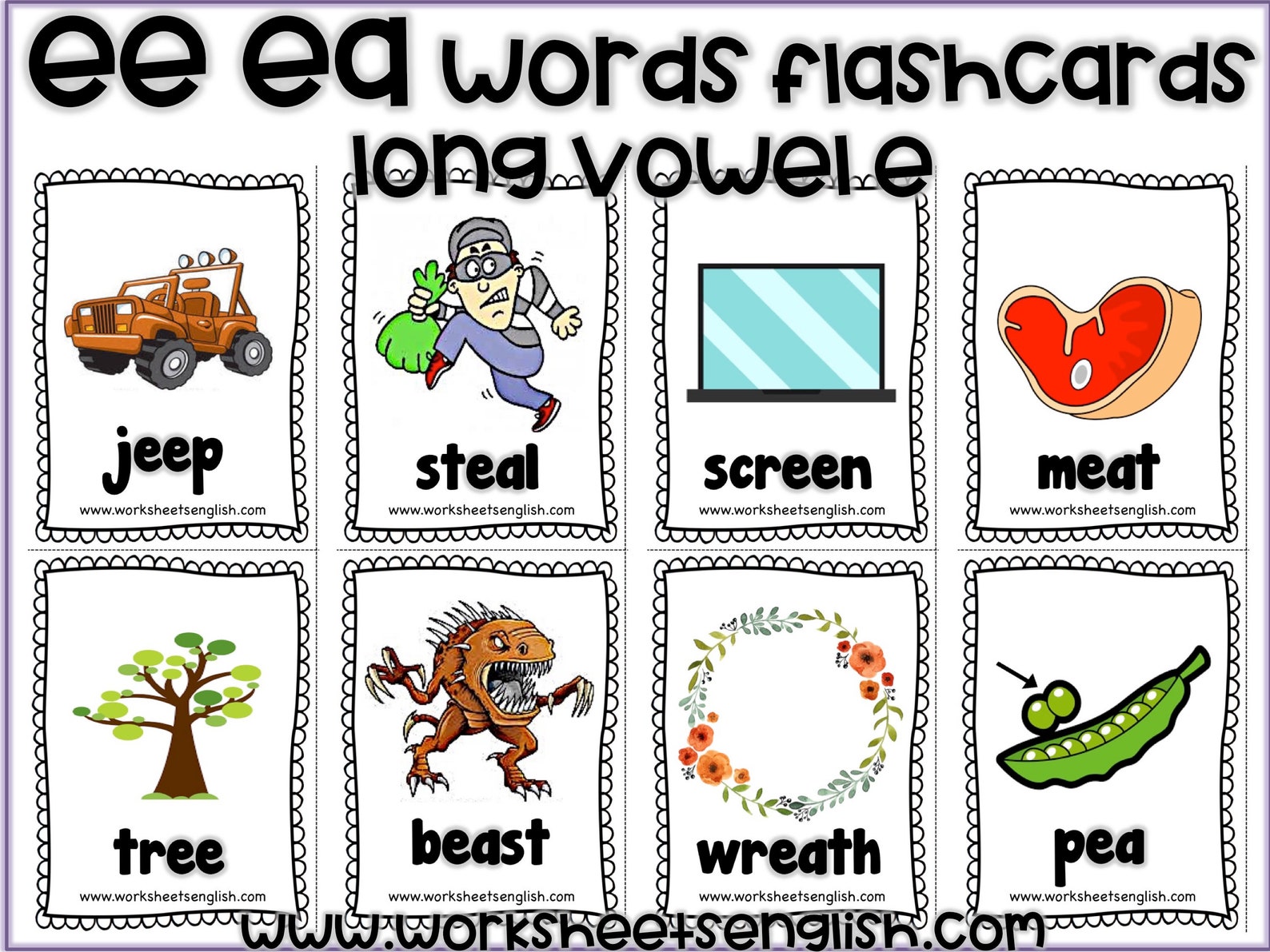 Long vowel e ee ea words phonics flashcards | Etsy