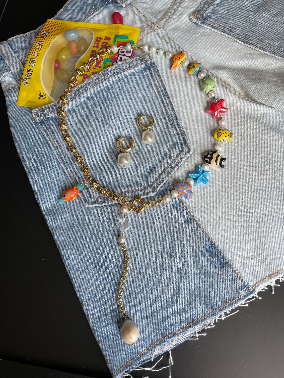 Necklace finding Nemo Gold Chain Necklace With Ceramics and Pearls ...