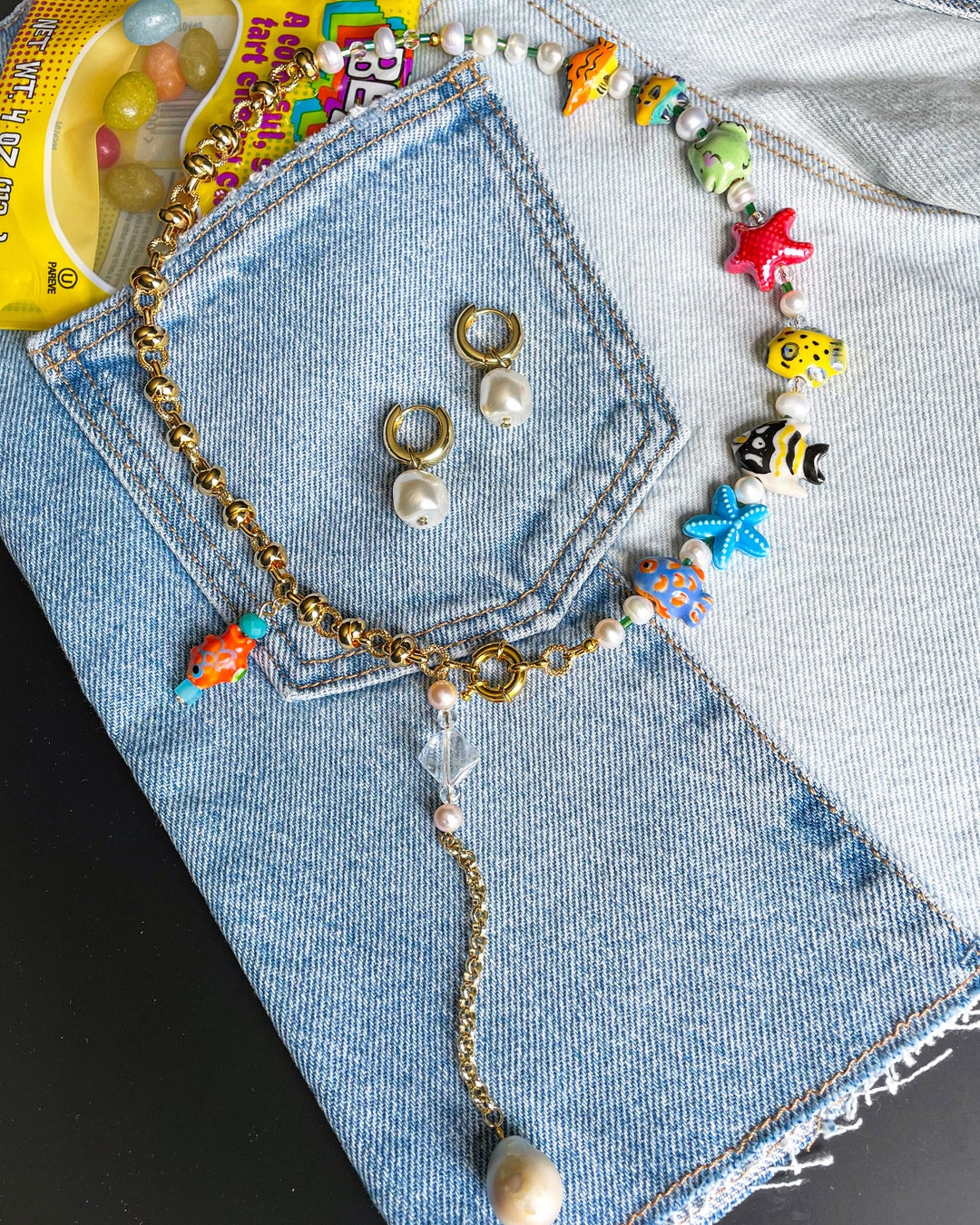 Necklace finding Nemo Gold Chain Necklace With Ceramics and Pearls ...