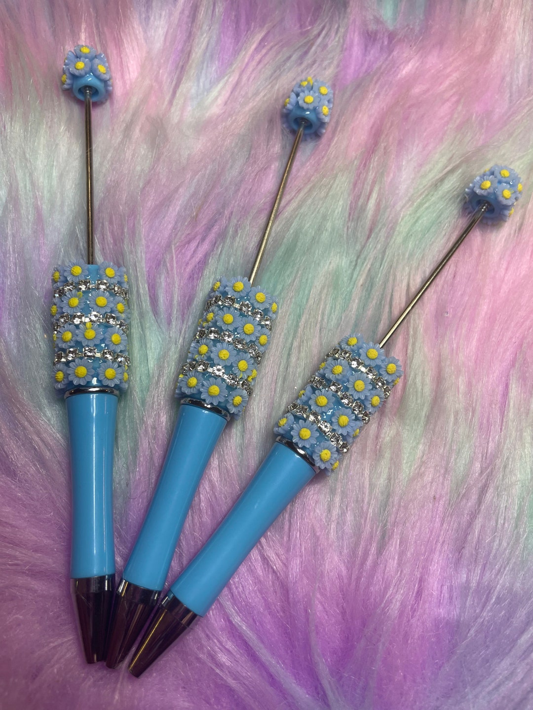 Handmade Sky Blue 3D Daisy Flower Silver Rhinsestone Beadable DIY Pens ...