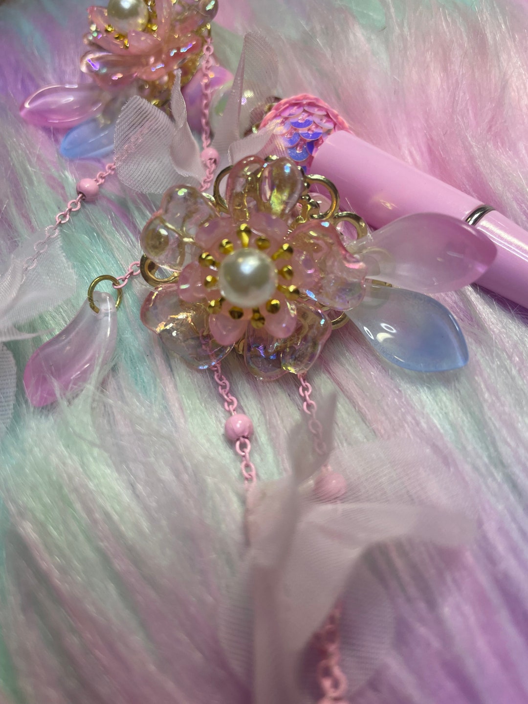 Pink Flower Pearl Center Long Pink Dangle Chain Gold Tone Fancy Beads ...