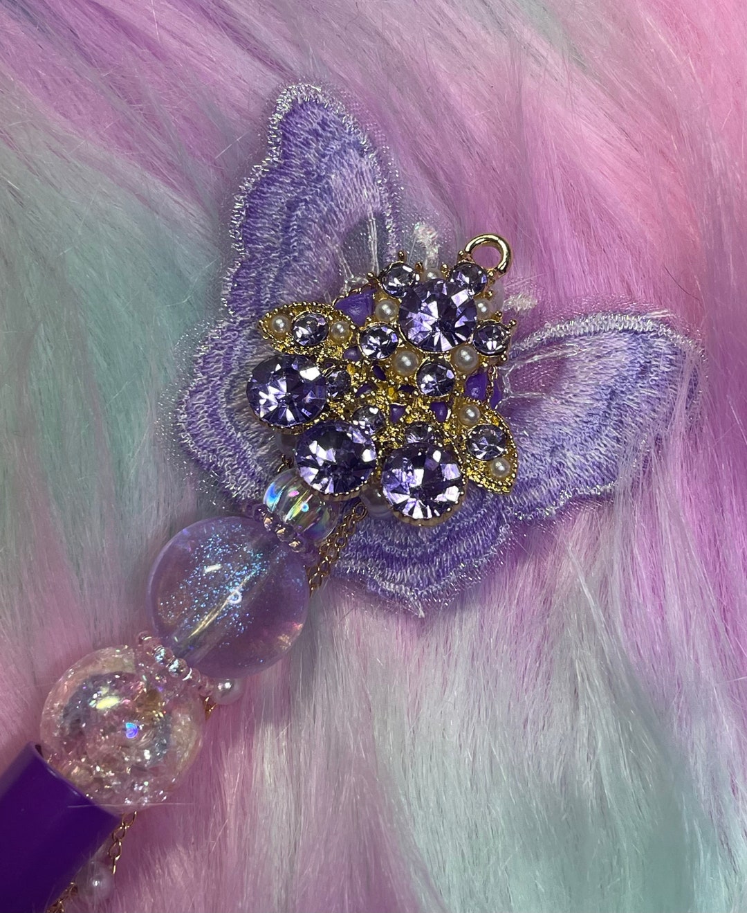 Handmade Exta Fancy Purple Rhinestone Butterfly Fabric Wings Beaded Pen ...