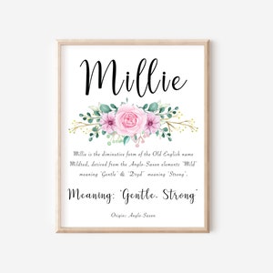 Millie Name Meaning Pink Floral Digital Print, Millie Name Printable ...