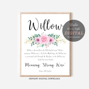 Willow Name Meaning Pink Floral Digital Print , Instant Download, Girls ...