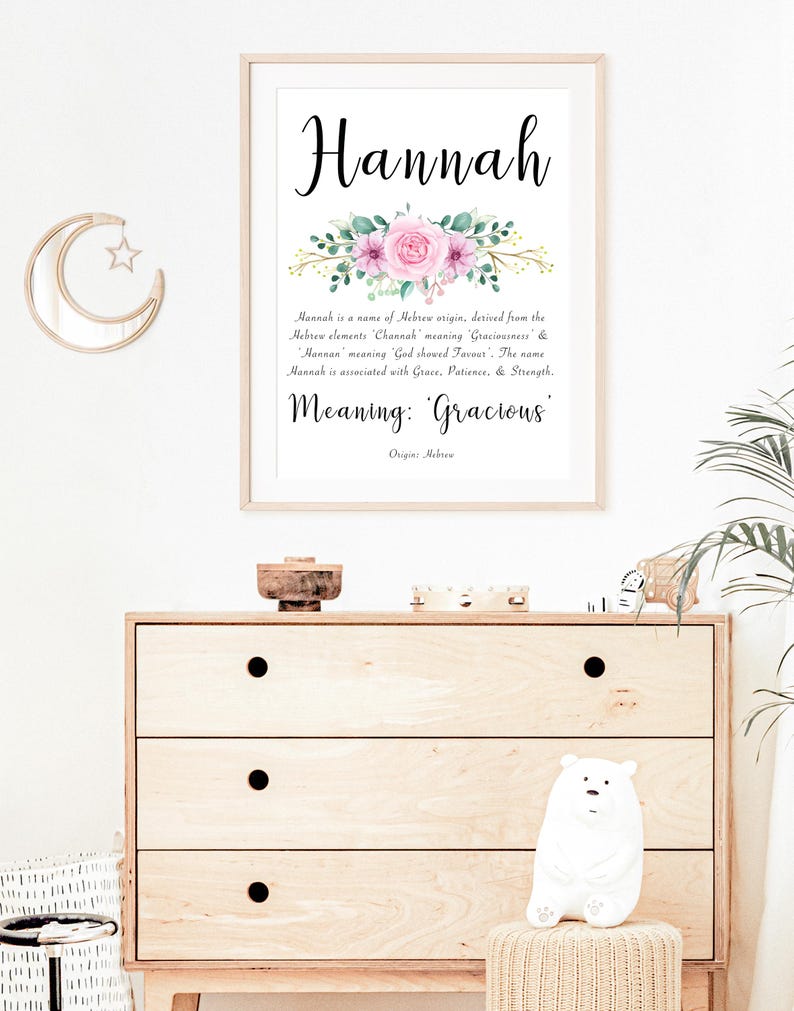HANNAH Name Meaning Print : Pink Flowers , Calligraphy (DIGITAL ...