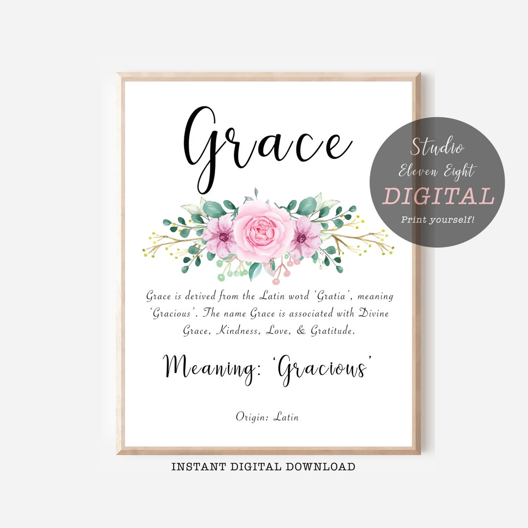 Grace Name Meaning Printable With Pink Floral Design, Grace Instant Digital Download ...