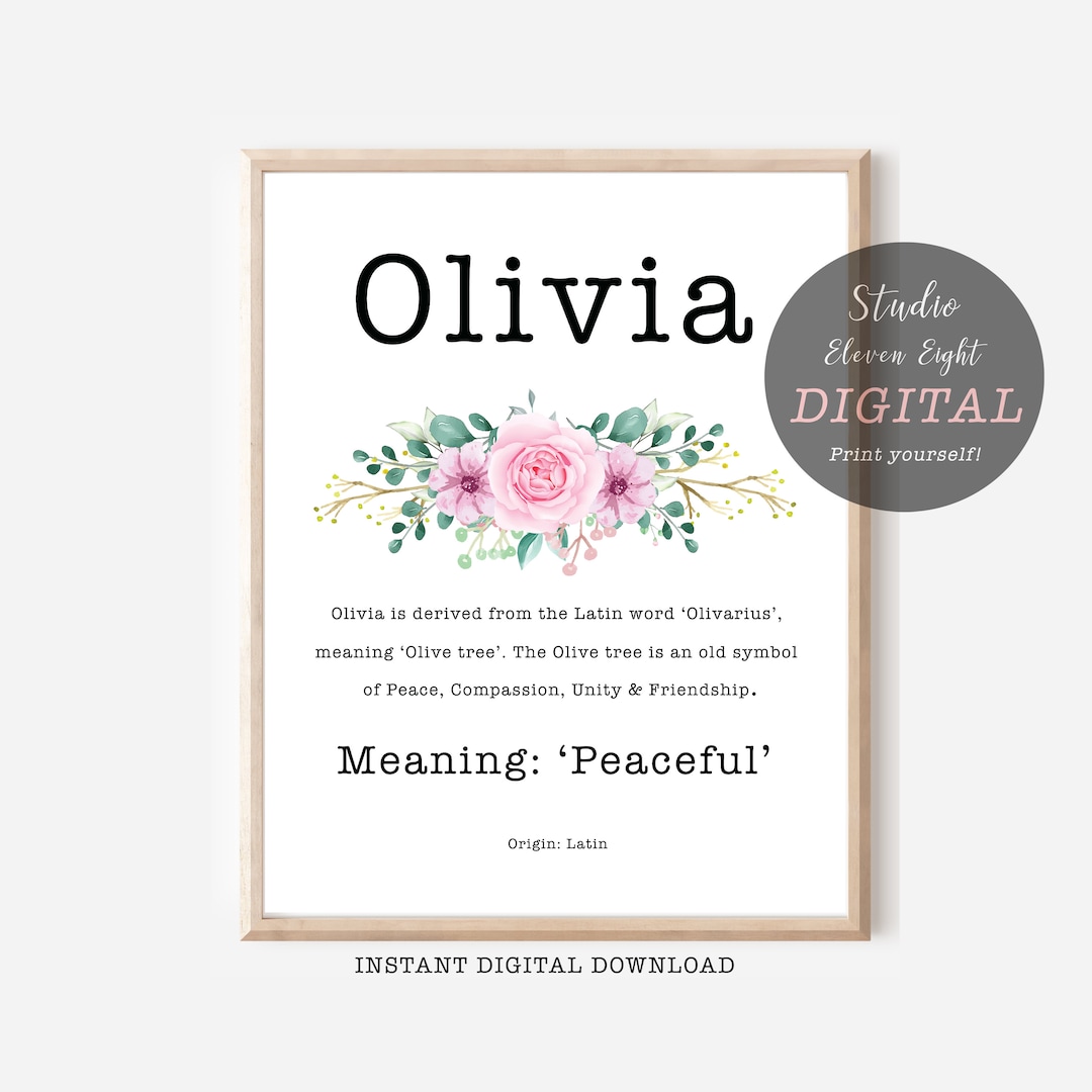Olivia Name Meaning Printable With Pink Flowers and Typewriter Font ...