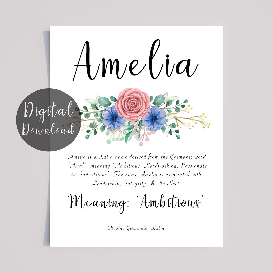 Amelia Personalised Name Meaning Print: Pink & Blue Floralartwork ...