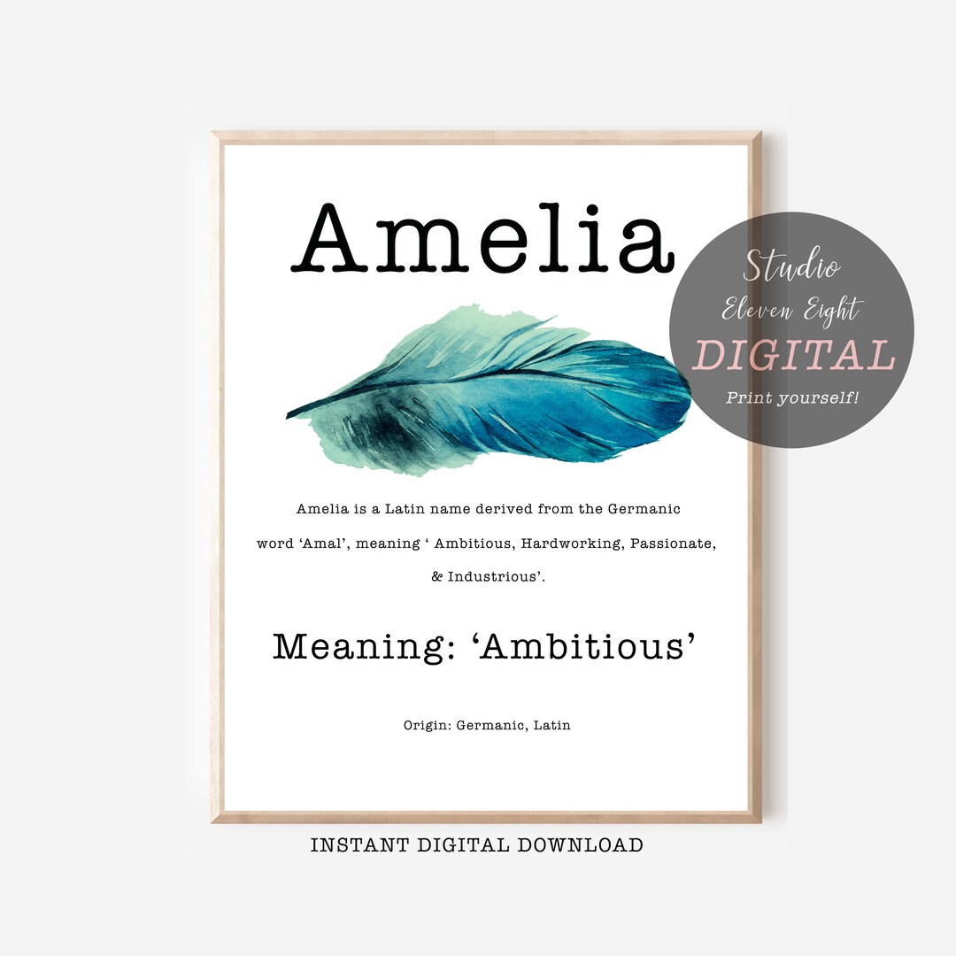 Amelia Name Meaning Printable With Blue Green Feather and Typewriter ...