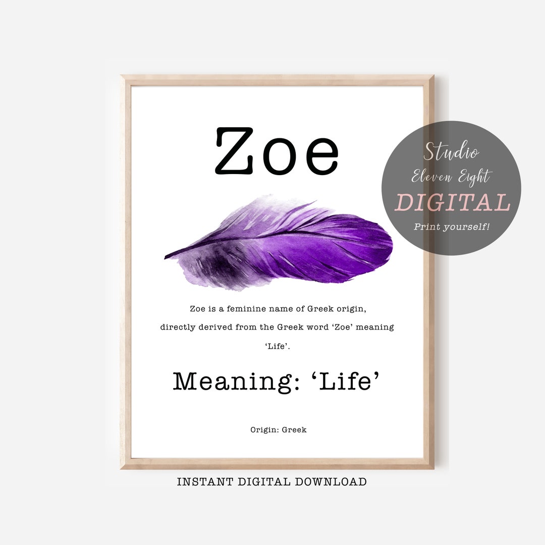 Zoe Name Meaning Printable With Purple Feather and Typewriter Font, Zoe ...