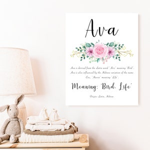 Ava Name Meaning Printable With Pink Floral Design , Ava Instant ...