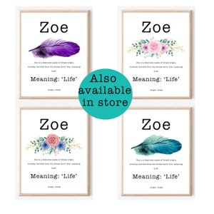 Zoe Name Meaning Printable With Pink and Blue Flowers and Typewriter ...