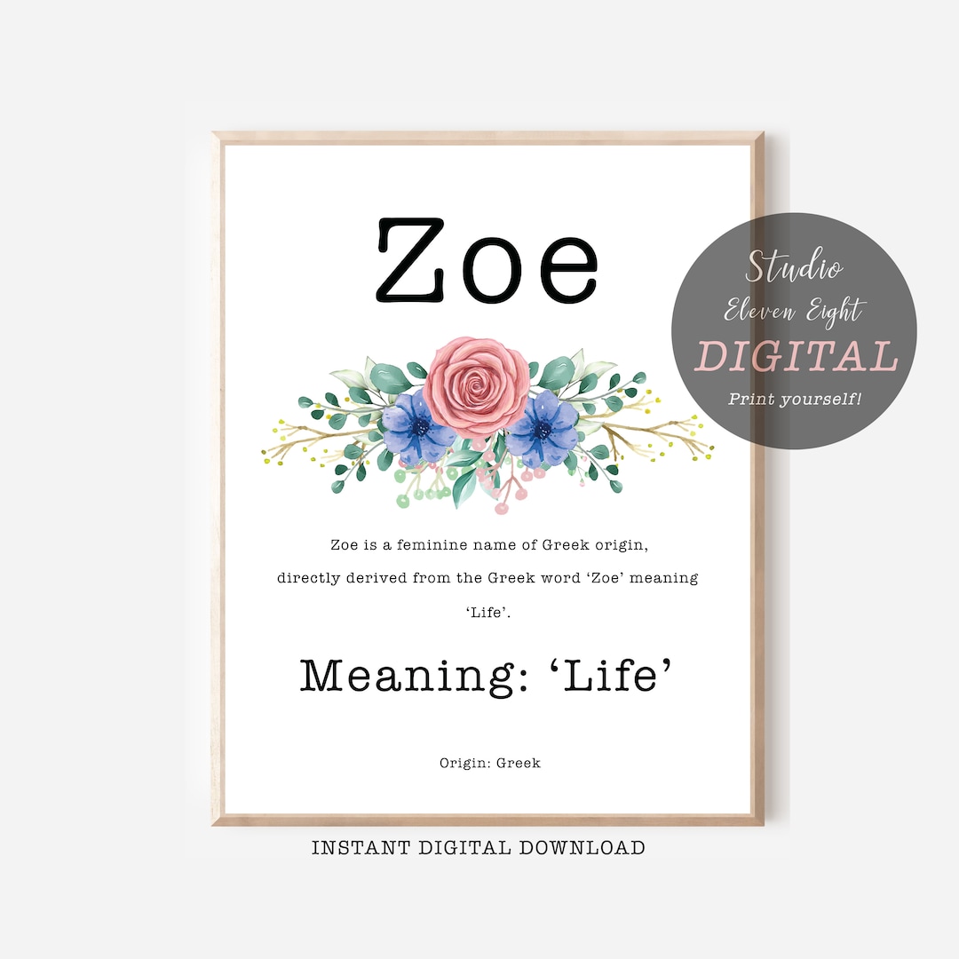 Zoe Name Meaning Printable With Pink and Blue Flowers and Typewriter ...