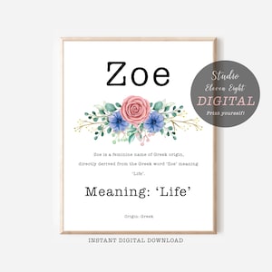 Zoe Name Meaning Printable With Pink and Blue Flowers and Typewriter ...