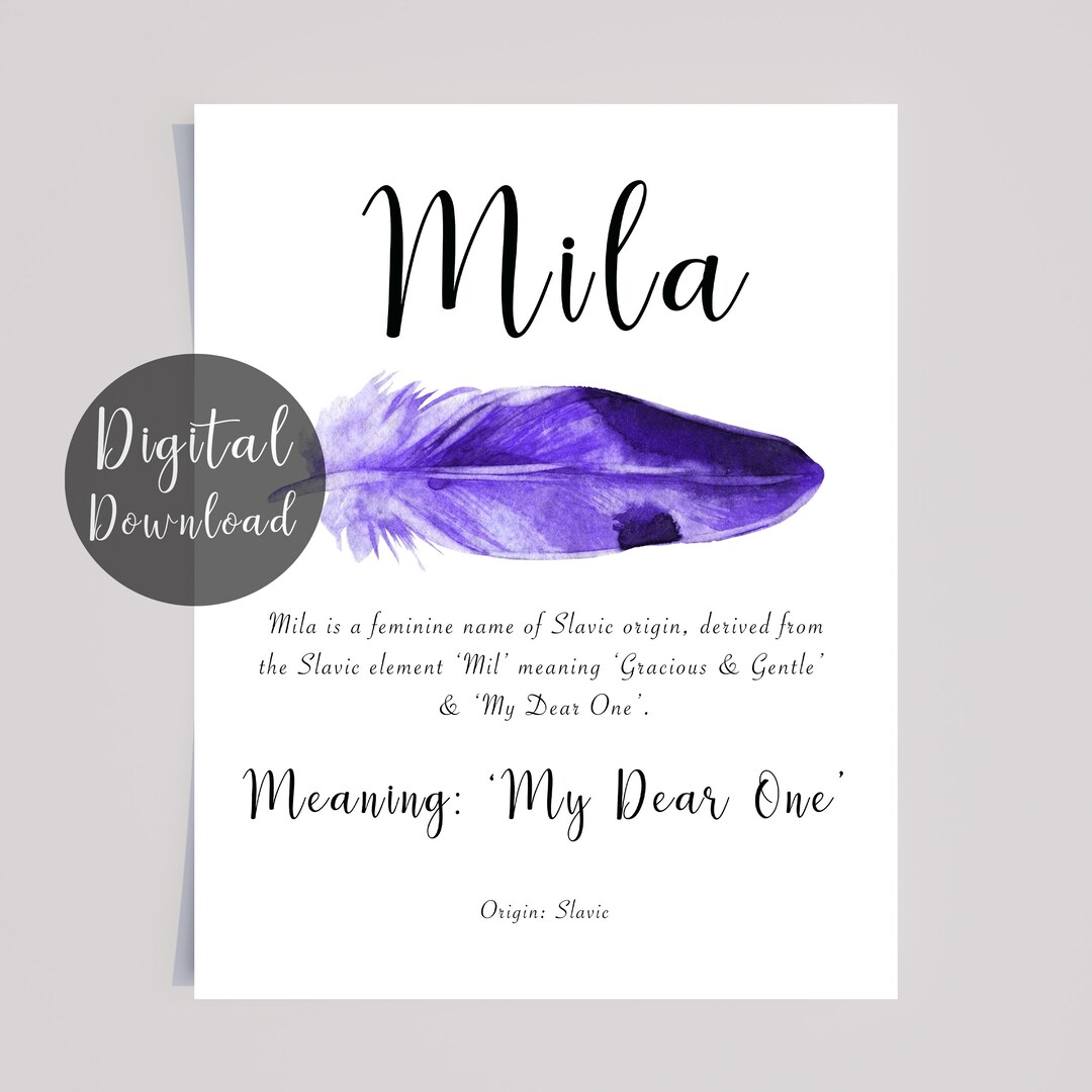 Personalized Mila Name Meaning Print: Purple Feather Watercolor ...