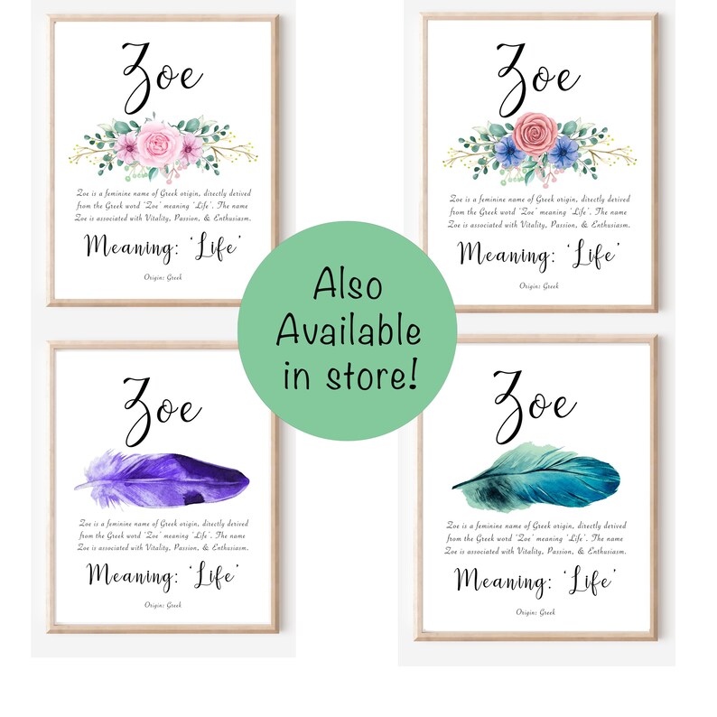 Zoe Name Meaning Printable With Pink and Blue Flowers and Calligraphy ...