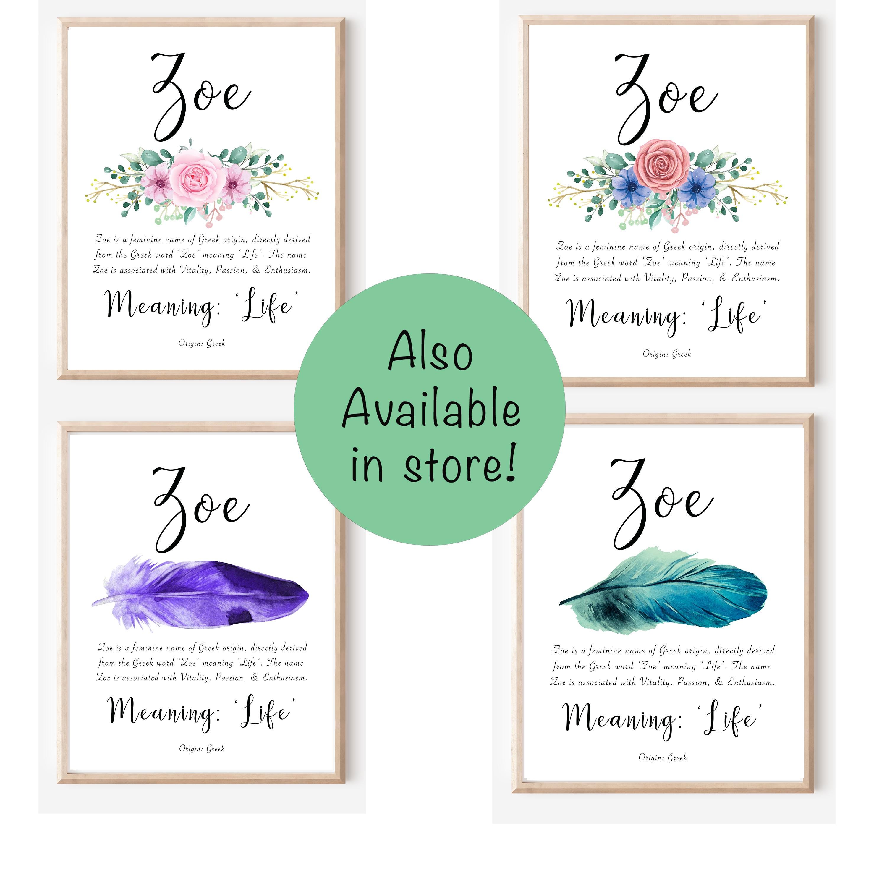 Zoe Name Meaning Printable With Pink and Blue Flowers and Calligraphy ...