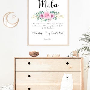 Mila Name Meaning Printable With Pink Flowers and Calligraphy Style ...