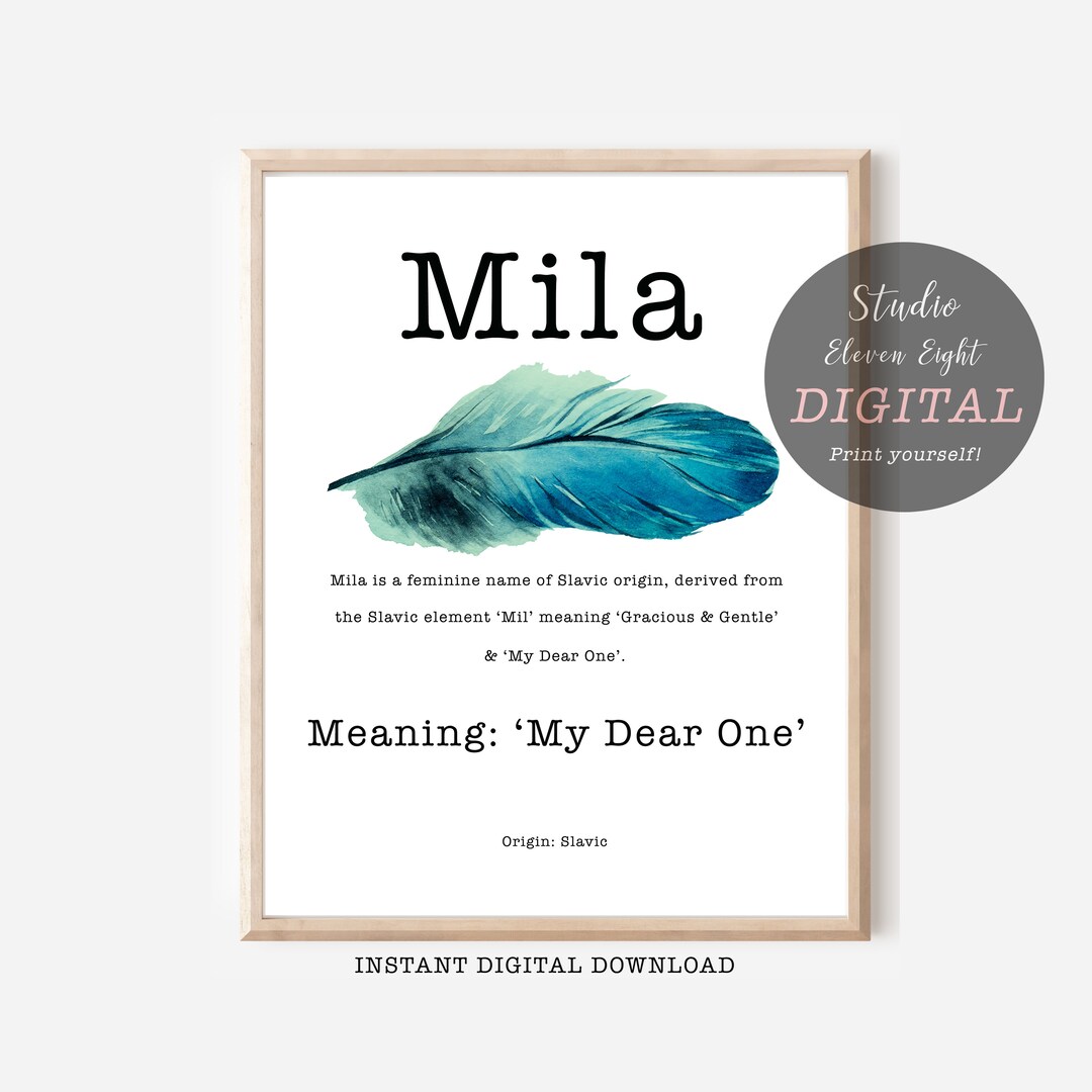 Mila Name Meaning Printable With Blue Green Feather and Typewriter Font ...