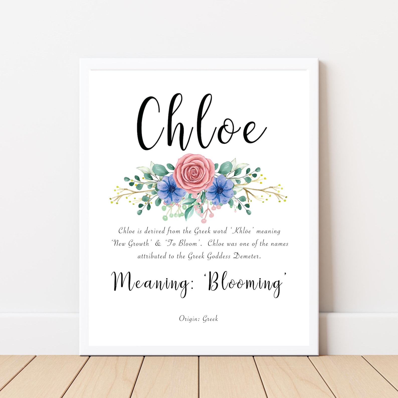 Chloe Name Meaning Print: Pink and Blue Floral Calligraphy (digital ...