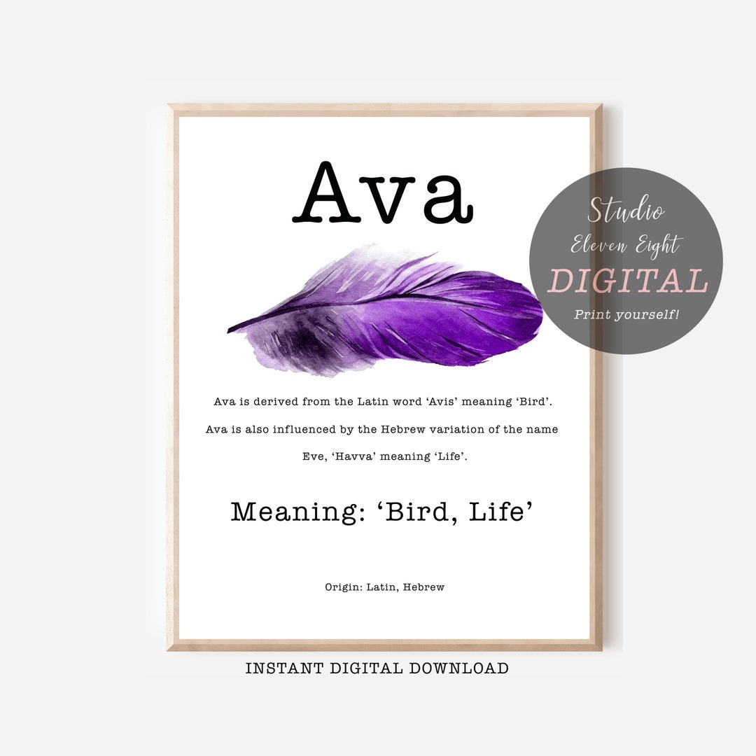 Ava Name Meaning Printable With Purple Feather and Typewriter Font, Ava ...