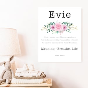 Evie Name Meaning Printable With Pink Flowers and Typewriter Font, Evie ...